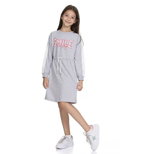Bisiklet Yaka Baskılı Uzun Kollu Kız Çocuk Elbise
