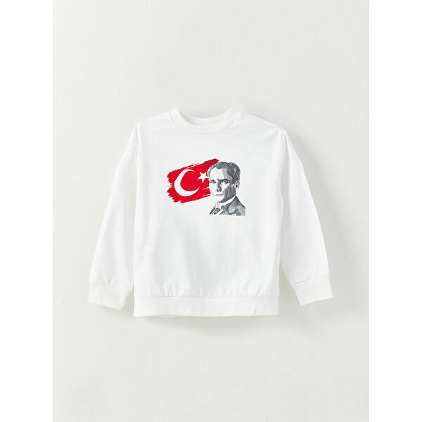 Bisiklet Yaka Türk Bayrağı ve Atatürk Baskılı Uzun Kollu Kız Çocuk Sweatshirt Bisiklet Yaka Türk Bayrağı ve Atatürk Baskılı Uzun Kollu Kız Çocuk Sweatshirt