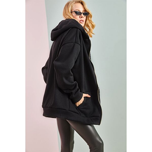 Kapüşonlu Düz Uzun Kollu Oversize Kadın Hırka Kapüşonlu Düz Uzun Kollu Oversize Kadın Hırka