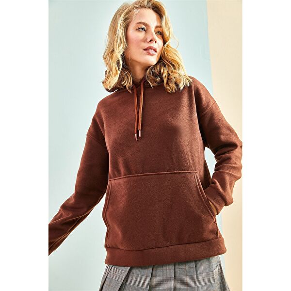 Kapüşonlu Düz Uzun Kollu Oversize Kadın Sweatshirt