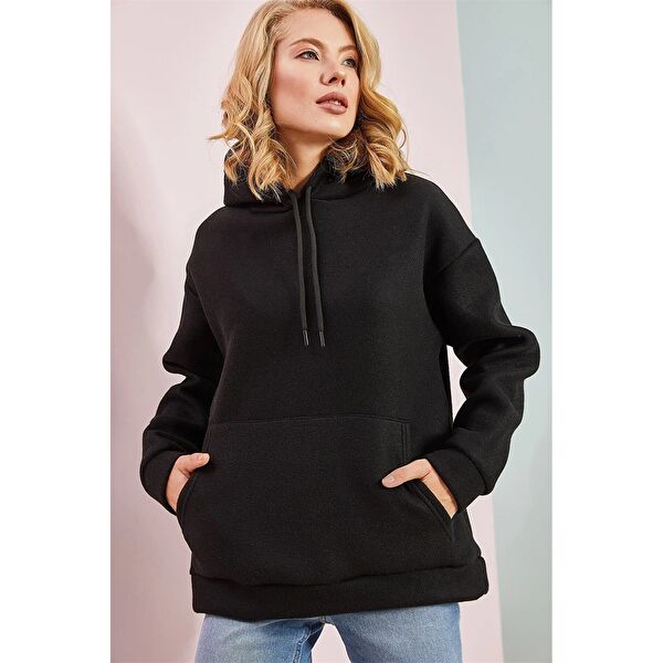 Kapüşonlu Düz Uzun Kollu Oversize Kadın Sweatshirt