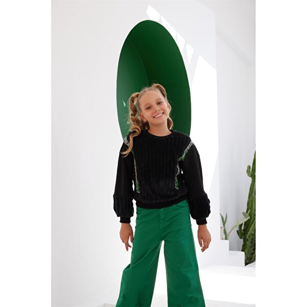 Bisiklet Yaka Nakışlı Uzun Kollu Kız Çocuk Tişört Bisiklet Yaka Nakışlı Uzun Kollu Kız Çocuk Tişört