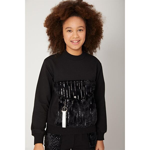 Bisiklet Yaka Pul İşlemeli Uzun Kollu Kız Çocuk Sweatshirt