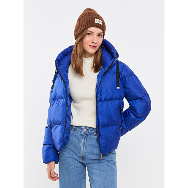 Kapüşonlu Düz Uzun Kollu Kadın Şişme Mont