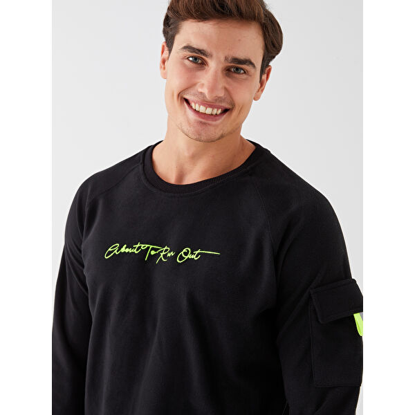 Bisiklet Yaka Uzun Kollu Nakışlı Polar Erkek Sweatshirt