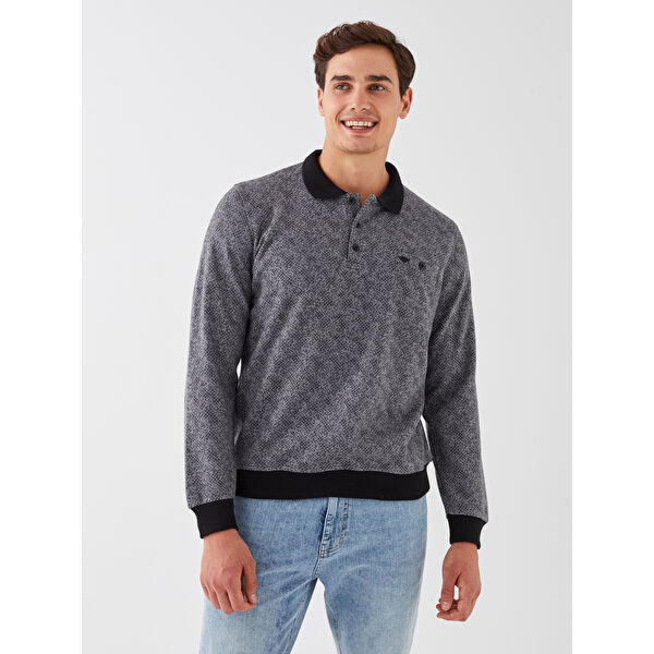 Polo Yaka Uzun Kollu Desenli Erkek Sweatshirt