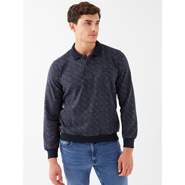 Polo Yaka Uzun Kollu Desenli Erkek Sweatshirt