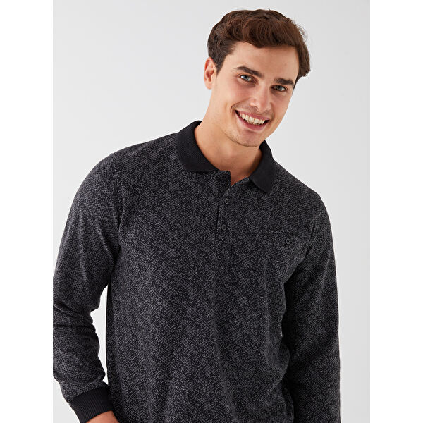 Polo Yaka Uzun Kollu Desenli Erkek Sweatshirt