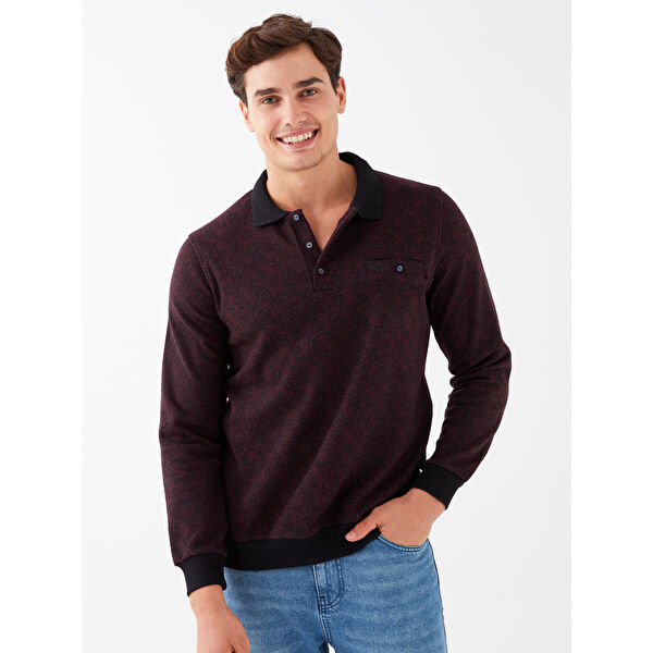 Polo Yaka Uzun Kollu Desenli Erkek Sweatshirt