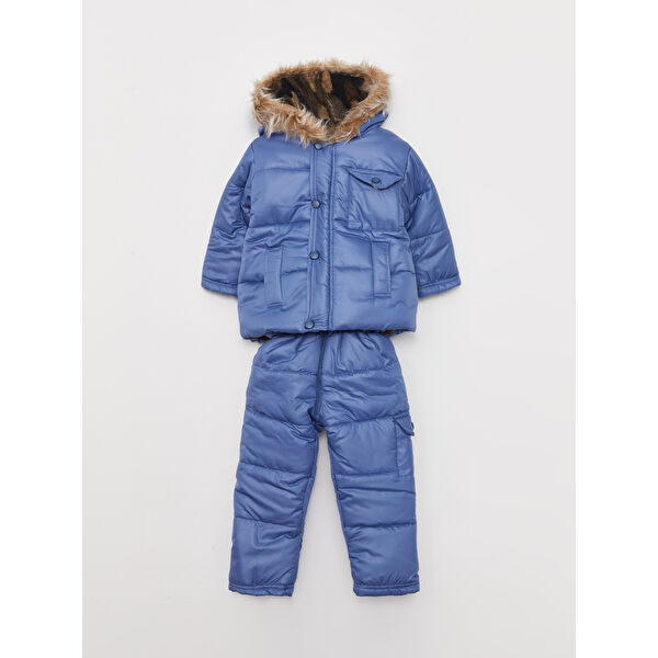 Kapüşonlu Uzun Kollu Erkek Bebek Şişme Mont ve Salopet Takım Kapüşonlu Uzun Kollu Erkek Bebek Şişme Mont ve Salopet Takım