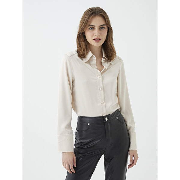 Düz Uzun Kollu Saten Kadın Gömlek