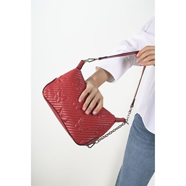 Deri Görünümlü Kendinden Desenli Kadın Omuz Çantası