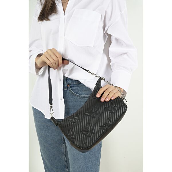 Deri Görünümlü Kendinden Desenli Kadın Omuz Çantası