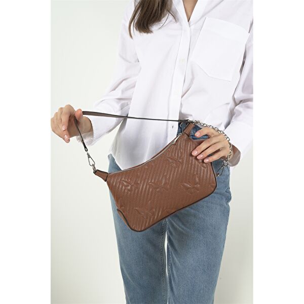 Deri Görünümlü Kendinden Desenli Kadın Omuz Çantası