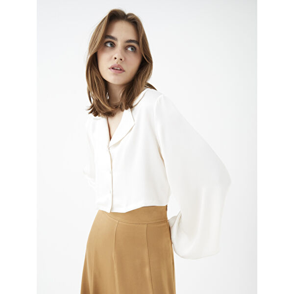 Düz Uzun Kollu Saten Kadın Gömlek