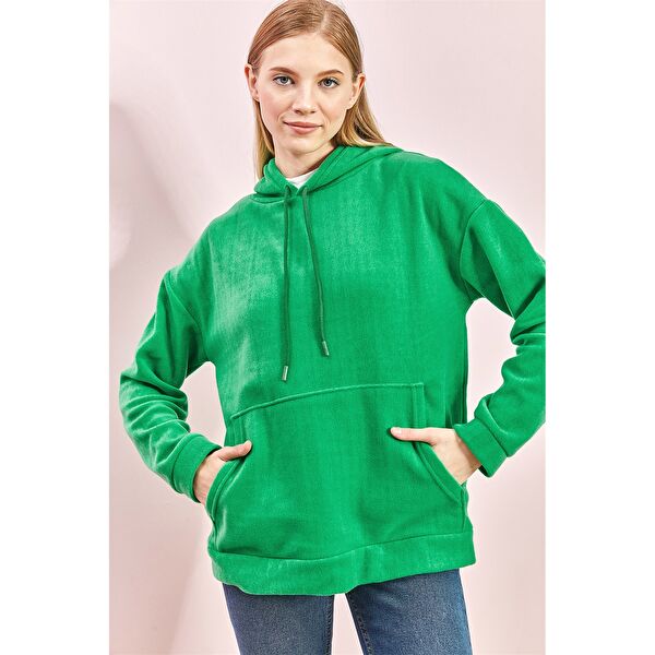 Kapüşonlu Düz Uzun Kollu Oversize Kadın Sweatshirt