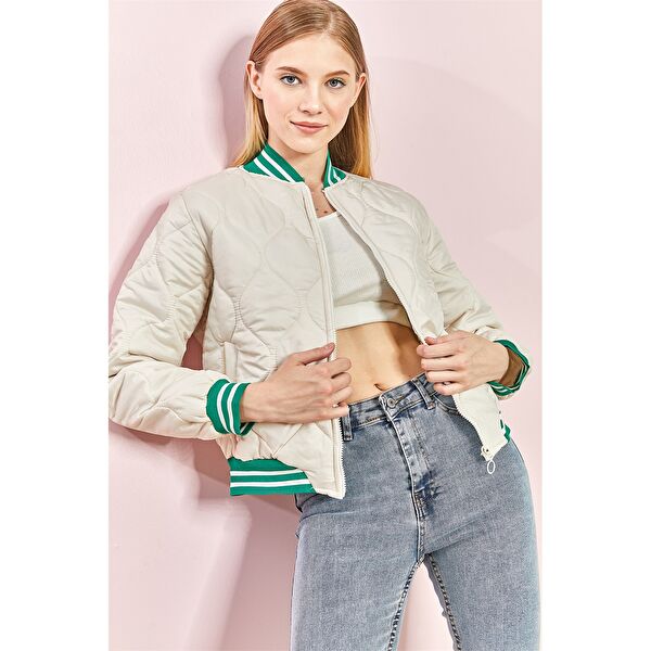 Kolej Yaka Kendinden Desenli Uzun Kollu Kadın Ceket