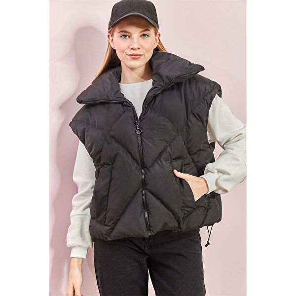 Dik Yaka Kendinden Desenli Oversize Kadın Şişme Yelek