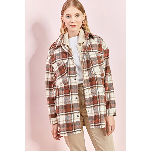 Önden Düğme Kapamalı Ekose Uzun Kollu Oversize Kadın Gömlek Ceket Önden Düğme Kapamalı Ekose Uzun Kollu Oversize Kadın Gömlek Ceket