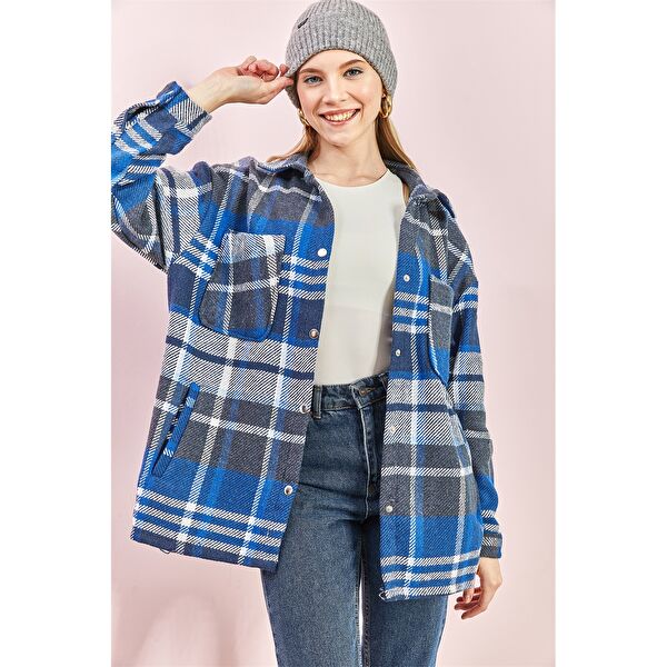 Önden Düğme Kapamalı Ekose Uzun Kollu Oversize Kadın Gömlek Ceket