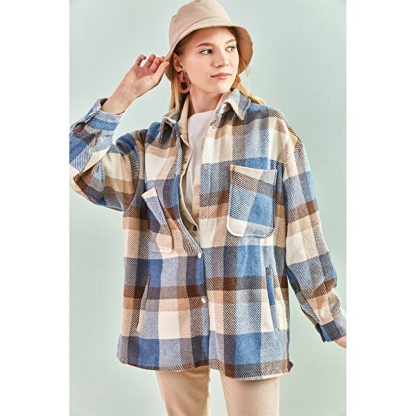 Önden Düğme Kapamalı Ekose Uzun Kollu Oversize Kadın Gömlek Ceket Önden Düğme Kapamalı Ekose Uzun Kollu Oversize Kadın Gömlek Ceket