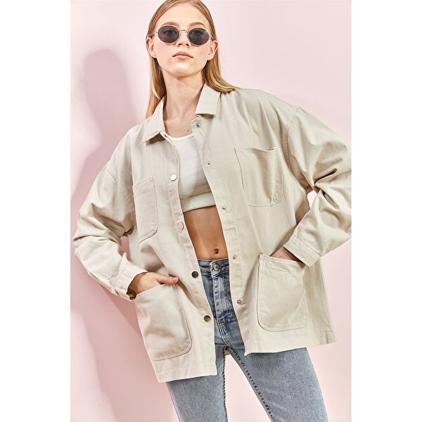 Gömlek Yaka Düz Uzun Kollu Oversize Kadın Ceket