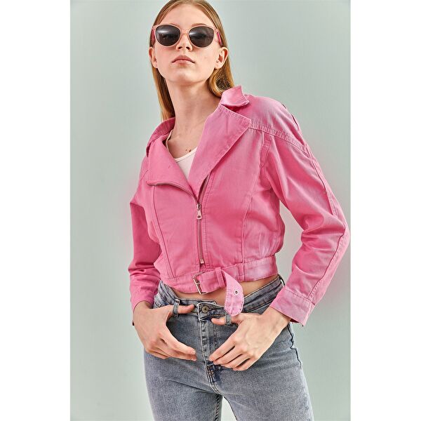 Biker Yaka Düz Uzun Kollu Pamuklu Kadın Ceket