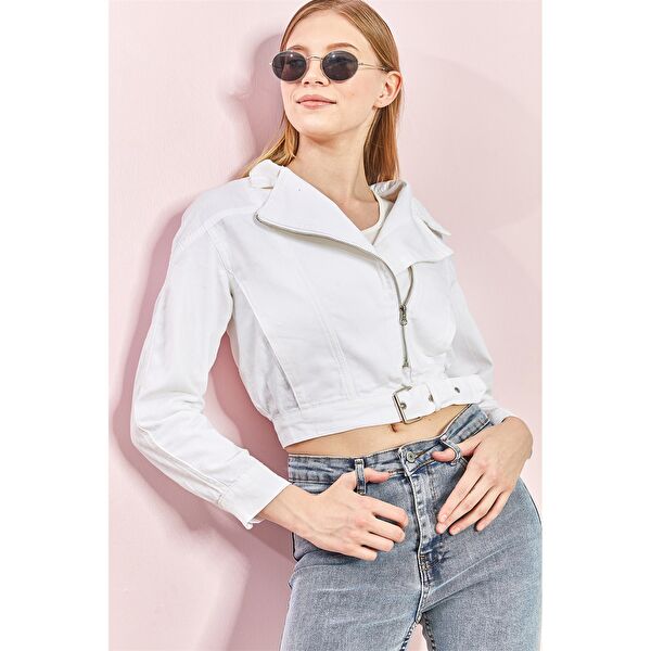 Biker Yaka Düz Uzun Kollu Pamuklu Kadın Ceket