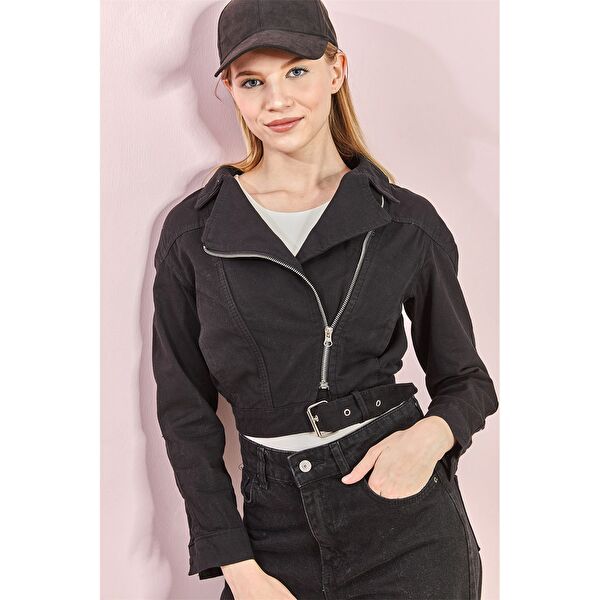 Biker Yaka Düz Uzun Kollu Pamuklu Kadın Ceket