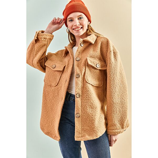 Gömlek Yaka Düz Uzun Kollu Oversize Kadın Ceket