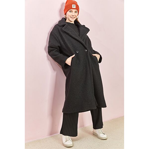 Ceket Yaka Düz Uzun Kollu Oversize Kadın Kaban