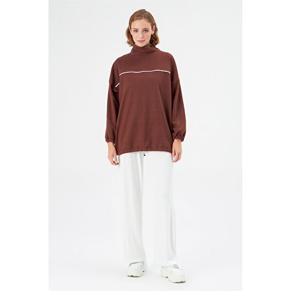 Dik Yaka Düz Uzun Kollu Oversize Kadın Sweatshirt