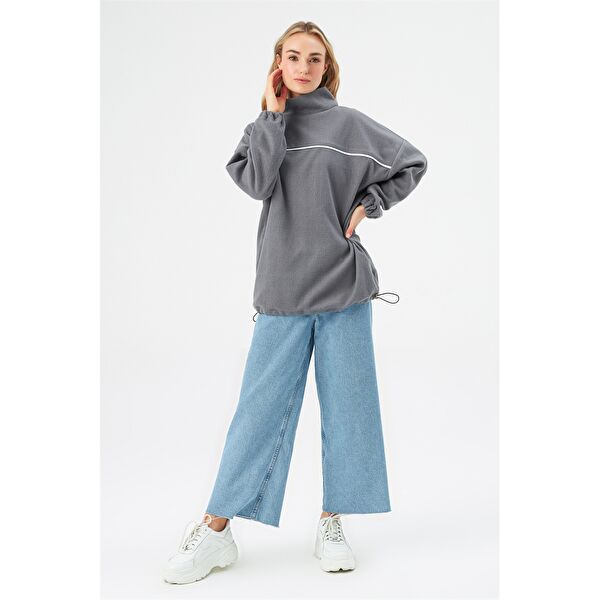 Dik Yaka Düz Uzun Kollu Oversize Kadın Sweatshirt