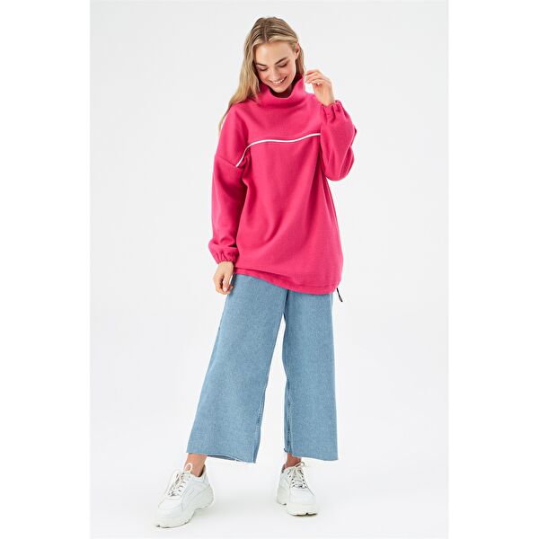 Dik Yaka Düz Uzun Kollu Oversize Kadın Sweatshirt