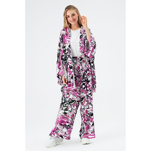 Şal Yaka Desenli Uzun Kollu Viskon Kadın Kimono