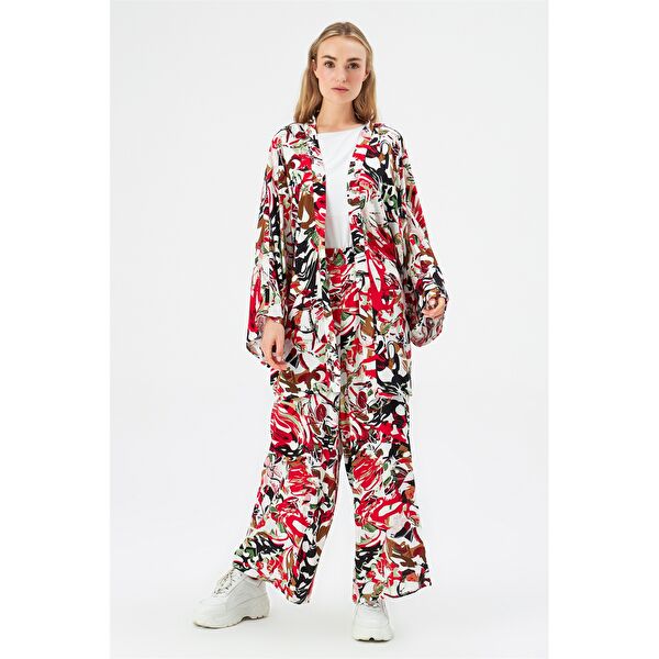 Şal Yaka Desenli Uzun Kollu Viskon Kadın Kimono