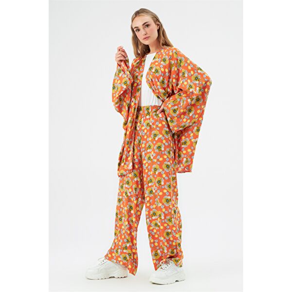 Şal Yaka Desenli Uzun Kollu Viskon Kadın Kimono