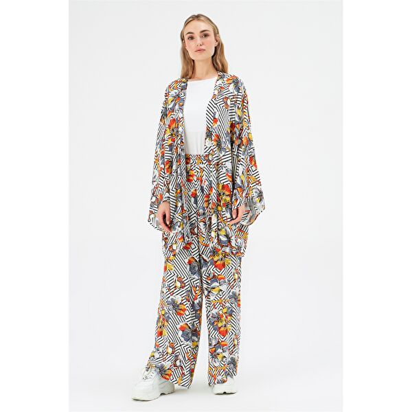 Şal Yaka Desenli Uzun Kollu Viskon Kadın Kimono