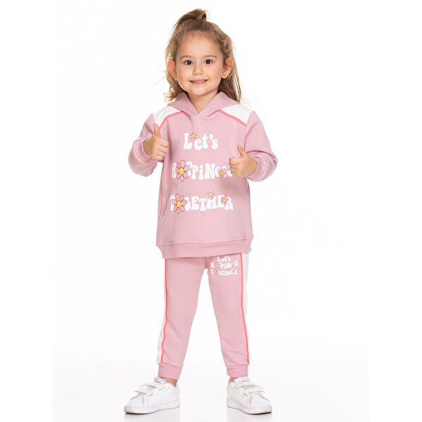 Kapüşonlu Uzun Kollu Baskılı Kız Bebek Sweatshirt ve Jogger Pantolon 2'li Takım