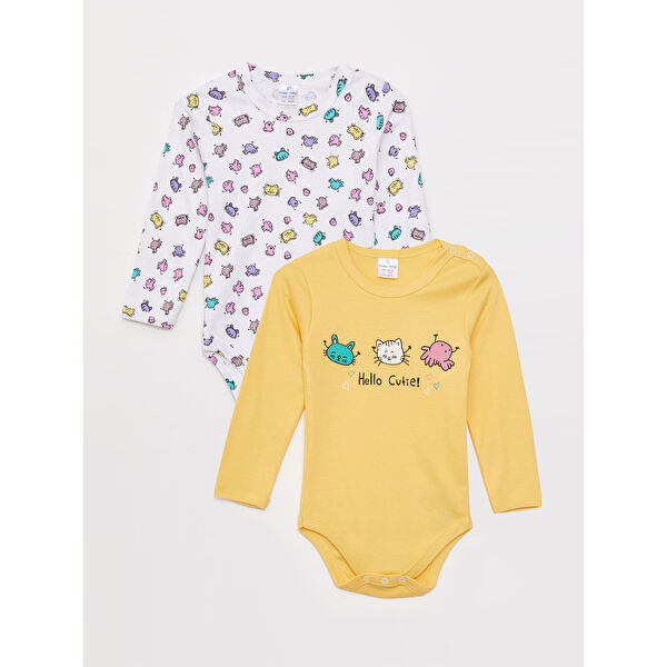 Bisiklet Yaka Uzun Kollu Baskılı Pamuklu Kız Bebek Çıtçıtlı Body 2'li