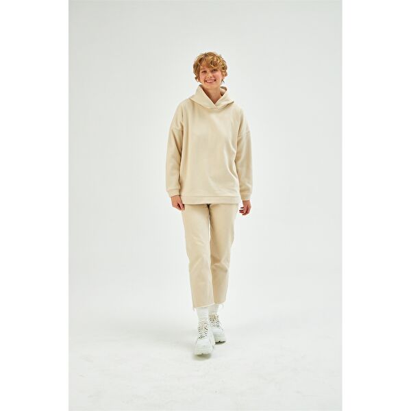 Kapüşonlu Düz Uzun Kollu Oversize Kadın Sweatshirt