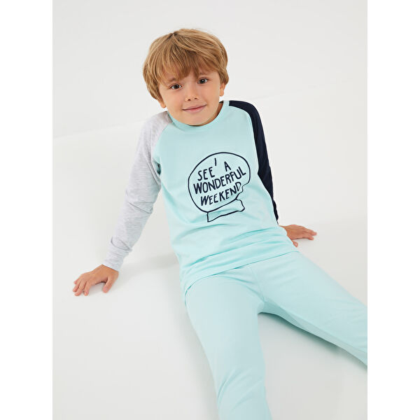 Bisiklet Yaka Baskılı Uzun Kollu Erkek Çocuk Pijama Takımı