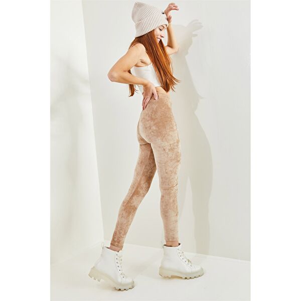 Beli Lastikli Düz Kadife Kadın Tayt