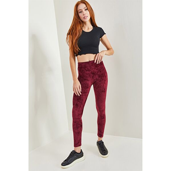 Beli Lastikli Düz Kadife Kadın Tayt