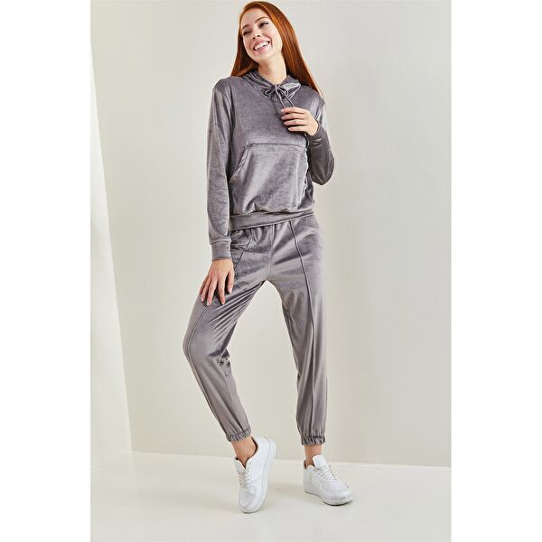 Kapüşonlu Düz Uzun Kollu Kadife Kadın Eşofman Takımı