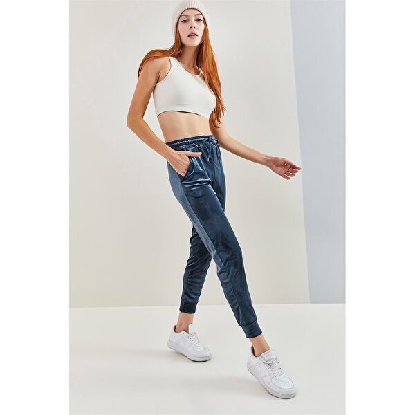 Beli Lastikli Düz Kadife Kadın Eşofman Altı