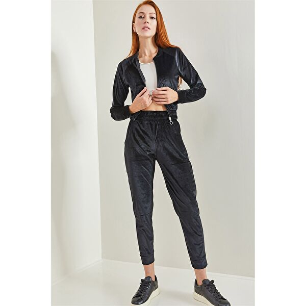 Beli Lastikli Düz Kadife Kadın Eşofman Altı