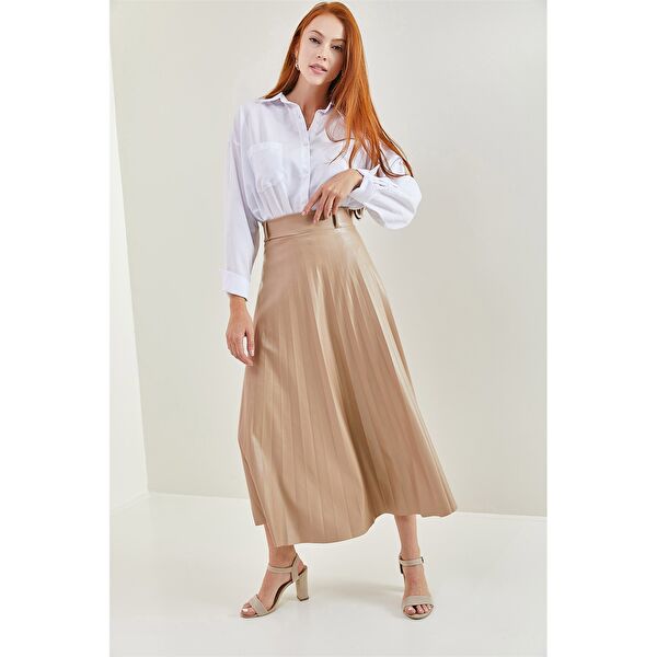 Rahat Kalıp Düz Deri Görünümlü Kadın Etek