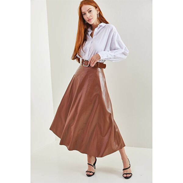 Rahat Kalıp Düz Deri Görünümlü Kadın Etek