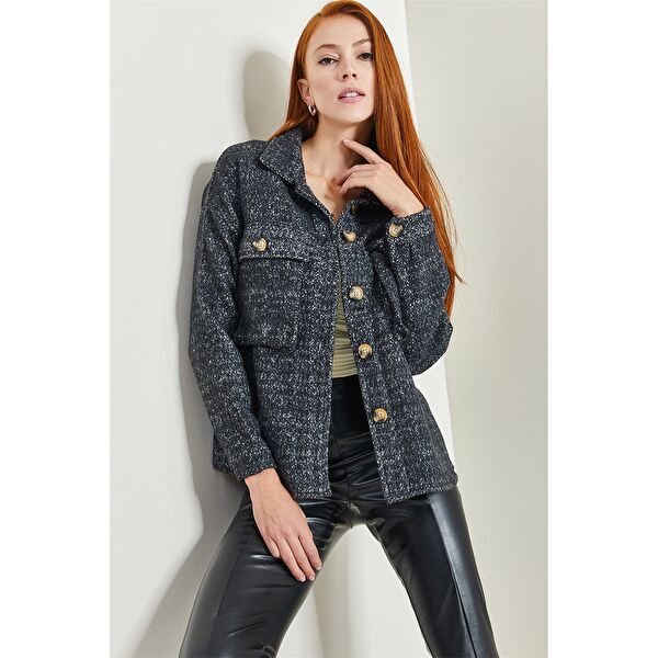 Kendinden Desenli Uzun Kollu Oversize Kadın Gömlek Ceket